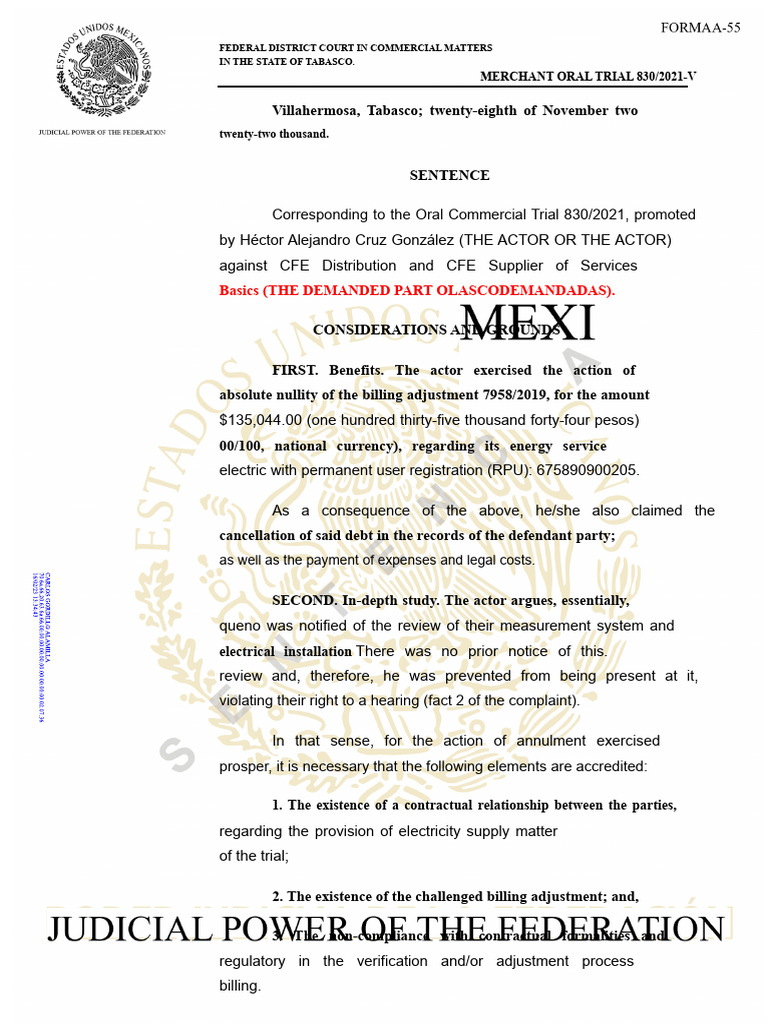 HECTOR A. CRUZ G. SENTENCE Vs CFE - 28-11-22 | PDF | Verification And ...