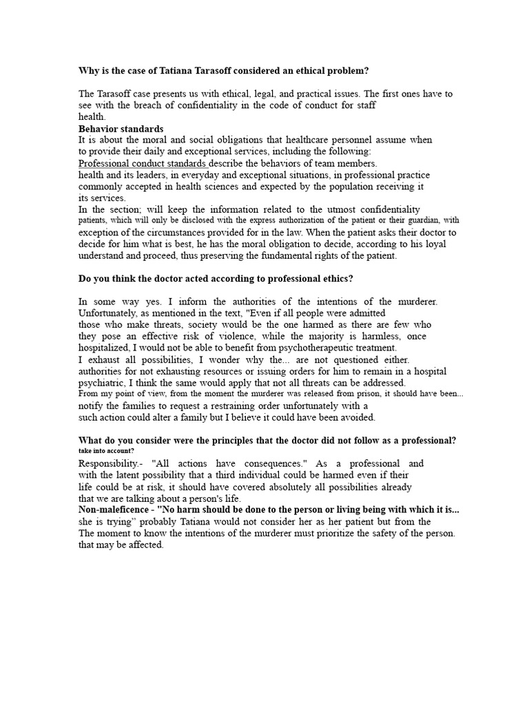 Why Is The Case of Tatiana Tarasoff Considered An Ethical Issue? | PDF ...