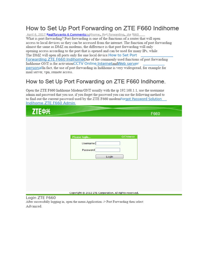 How To Set Up Port Forwarding On ZTE F660 Indihome | PDF