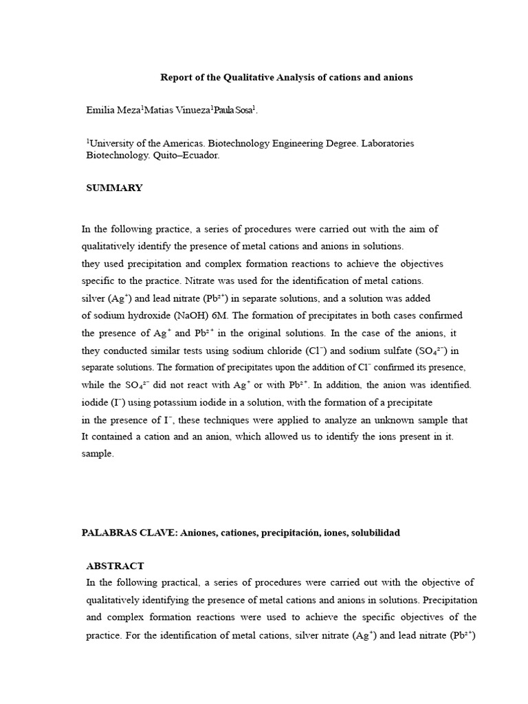 Report On The Qualitative Analysis of Cations and Anions | PDF ...