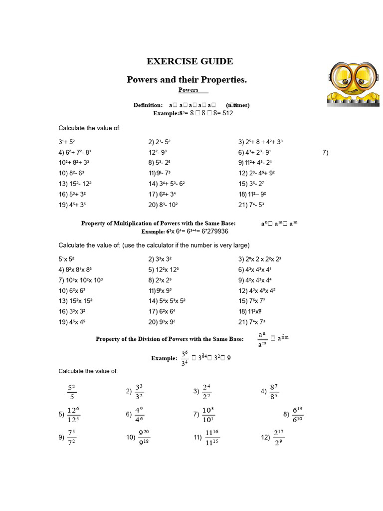 Exercises Properties of Powers | PDF | Multiplication | Exponentiation