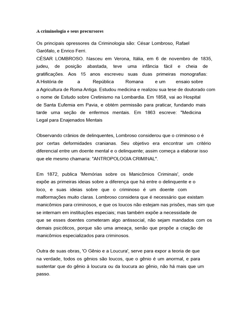 Precursores da Criminologia: Lombroso, Ferri e Garófalo | PDF ...