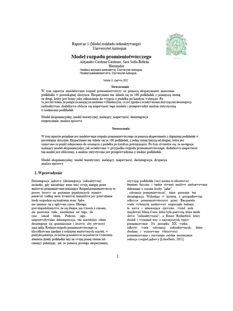 Raport 1. Rozpad Radioaktywny | PDF