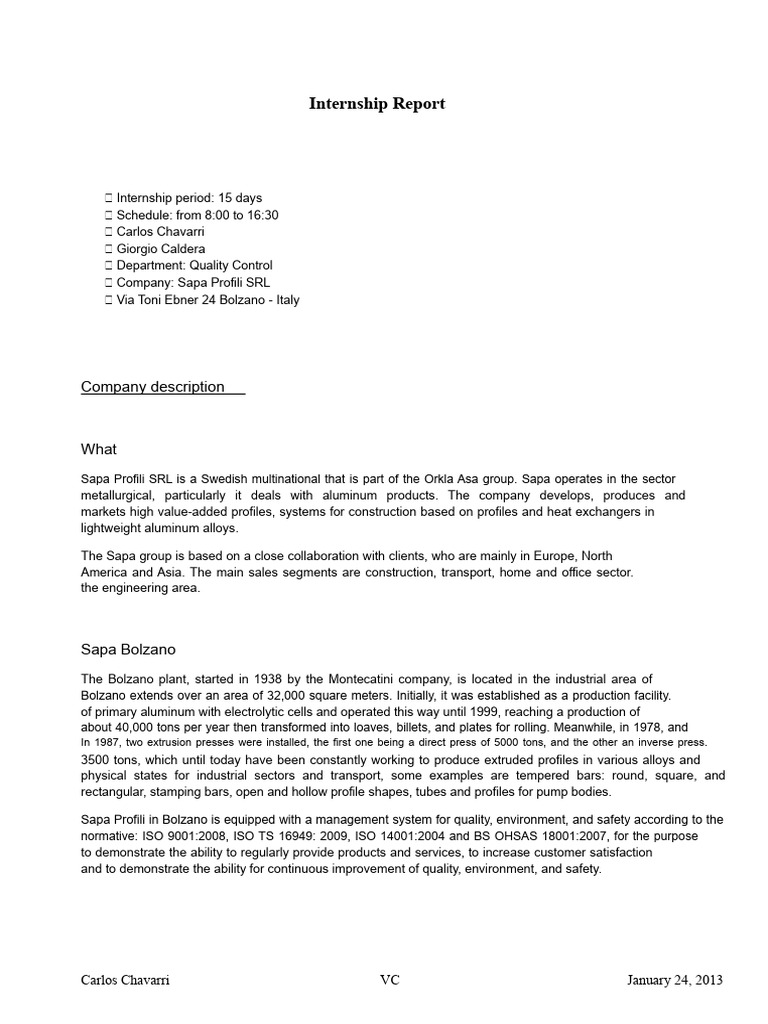 Internship Report at Sapa Profili SRL | PDF | Extrusion | Heat Treating