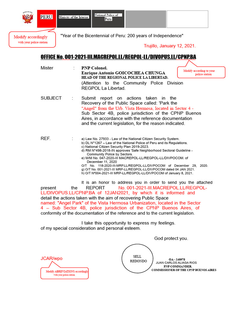 Final Report Format For The Recovery of Public Spaces | PDF | Police | Peru
