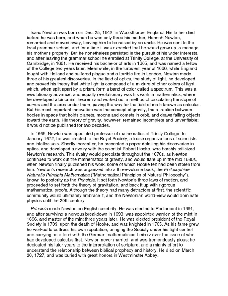 Isaac Newton Essay | PDF | Isaac Newton | Academic Discipline Interactions