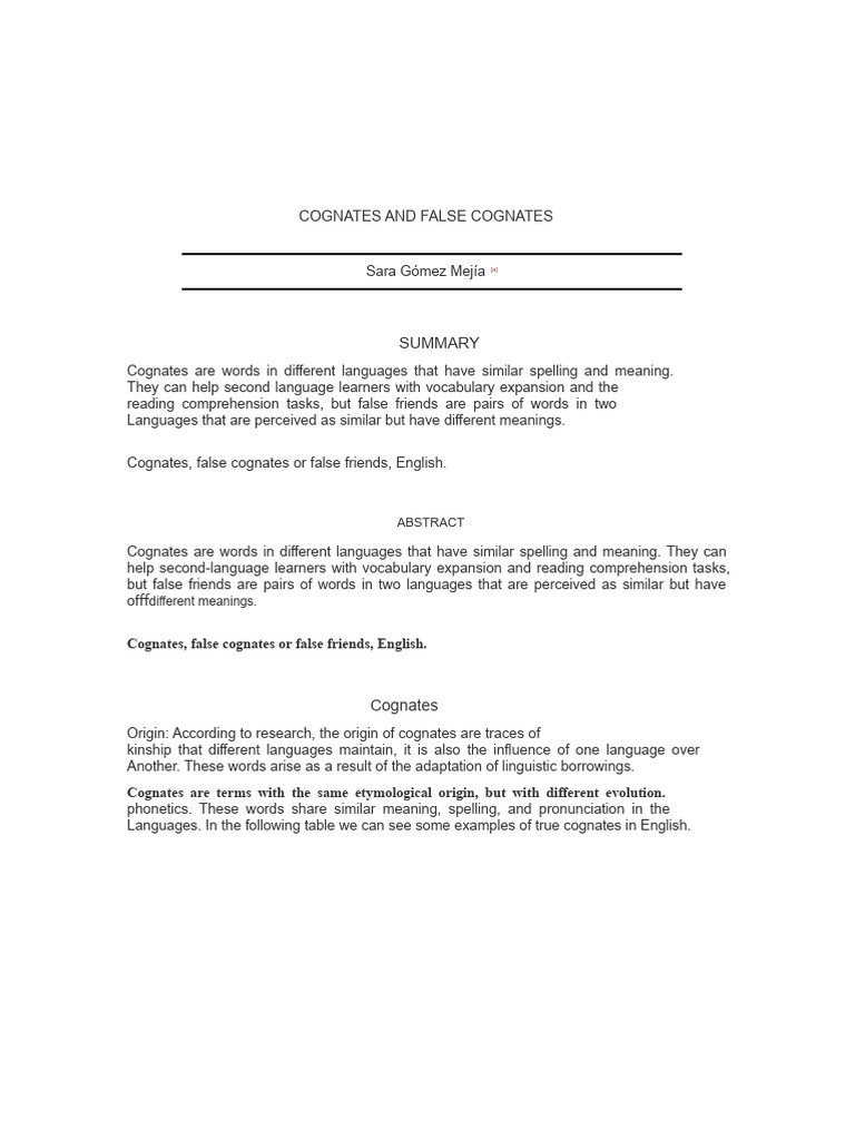 Cognates and False Cognates | PDF | English Language | Spanish Language