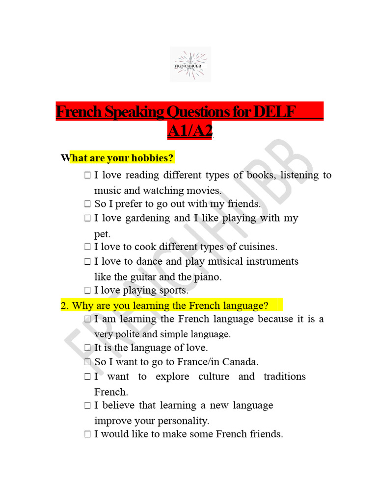 French Speaking Questions For DELF A1 | PDF