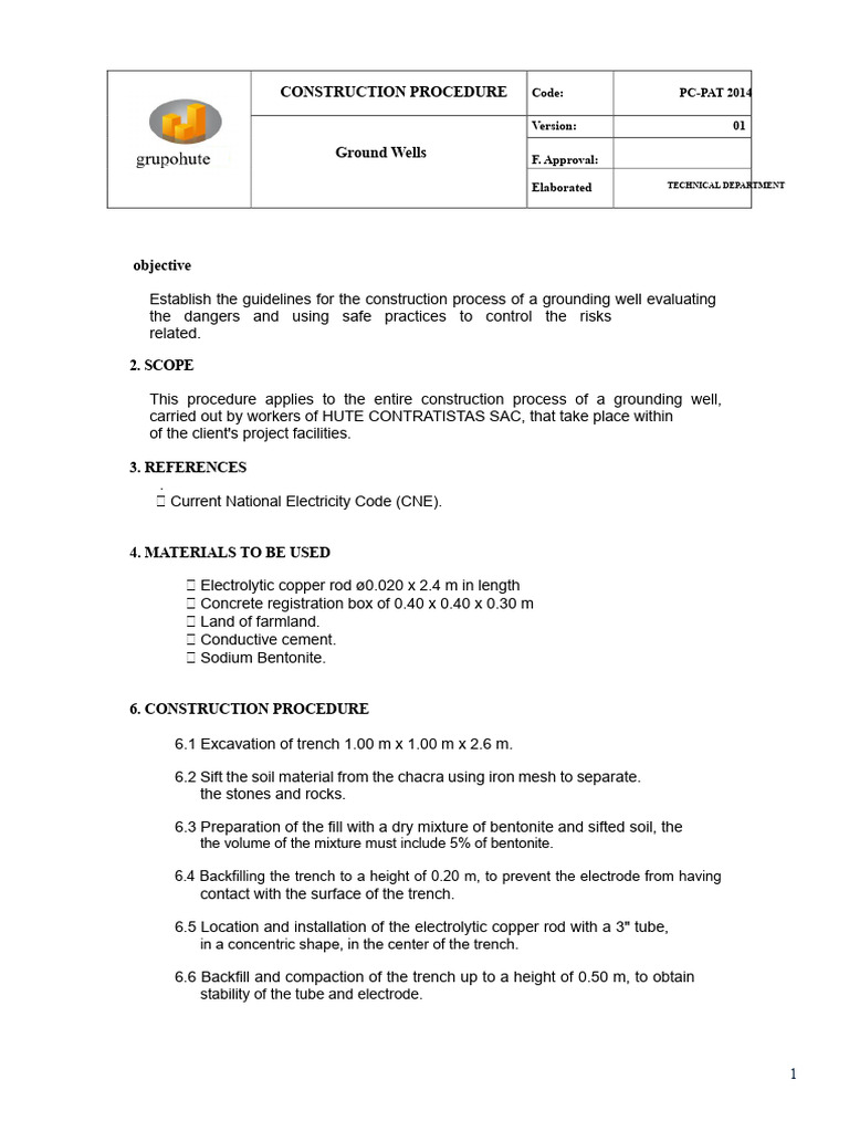 Procedure - Installation of Grounding Well | PDF | Trench | Materials