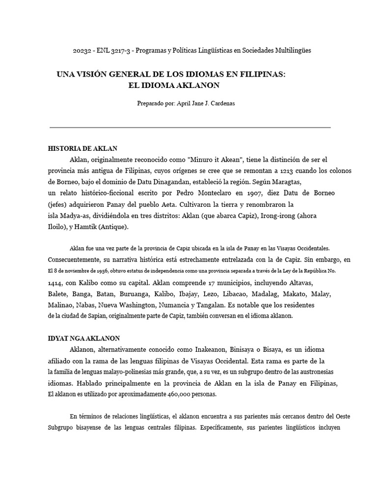 El Idioma Aklanon | PDF | Vocal | Lingüística