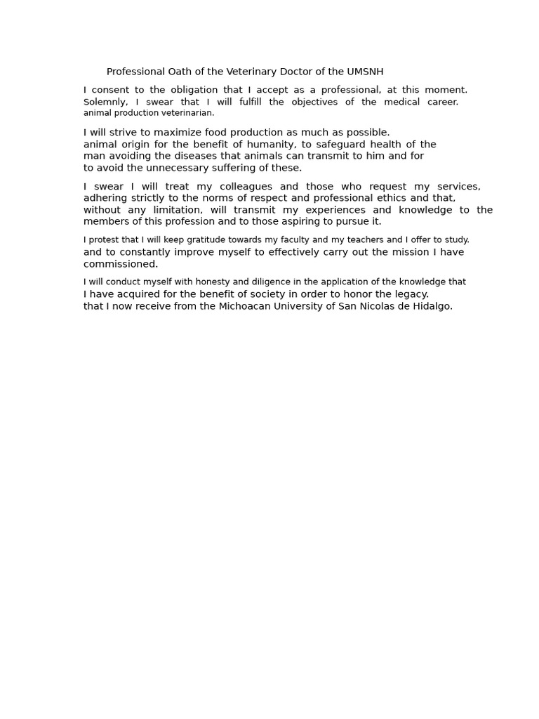 Professional Oath of The Veterinary Zootechnician of UMSNH | PDF