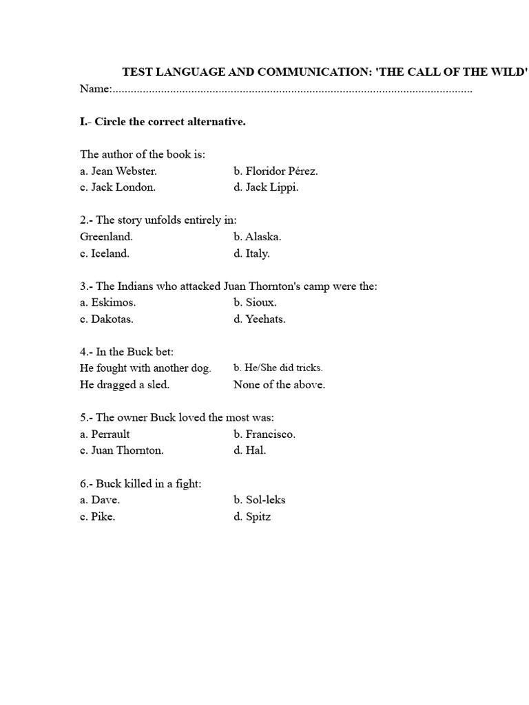 Language and Communication Test The Call of The Wild | PDF | The Call ...