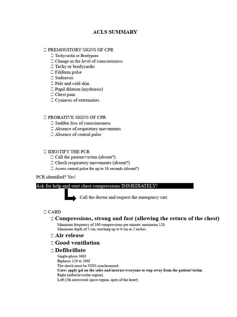 Summary of Acls | PDF | Cardiopulmonary Resuscitation | Cardiac Arrest