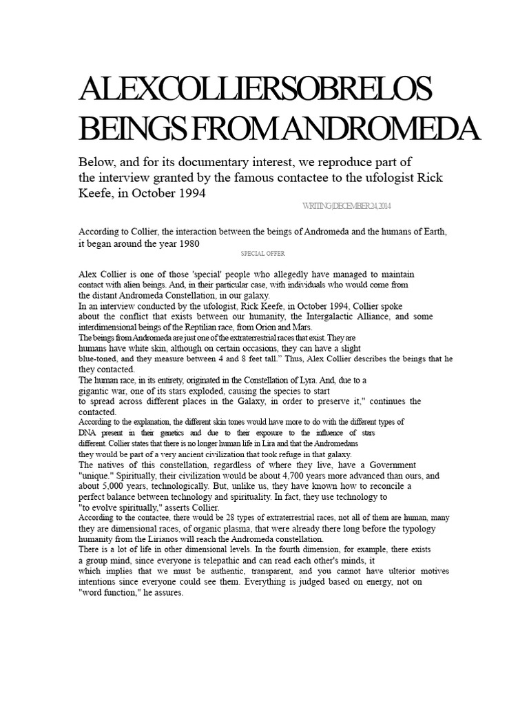 Alex Collier On The Beings of Andromeda | PDF | Extraterrestrial Life ...