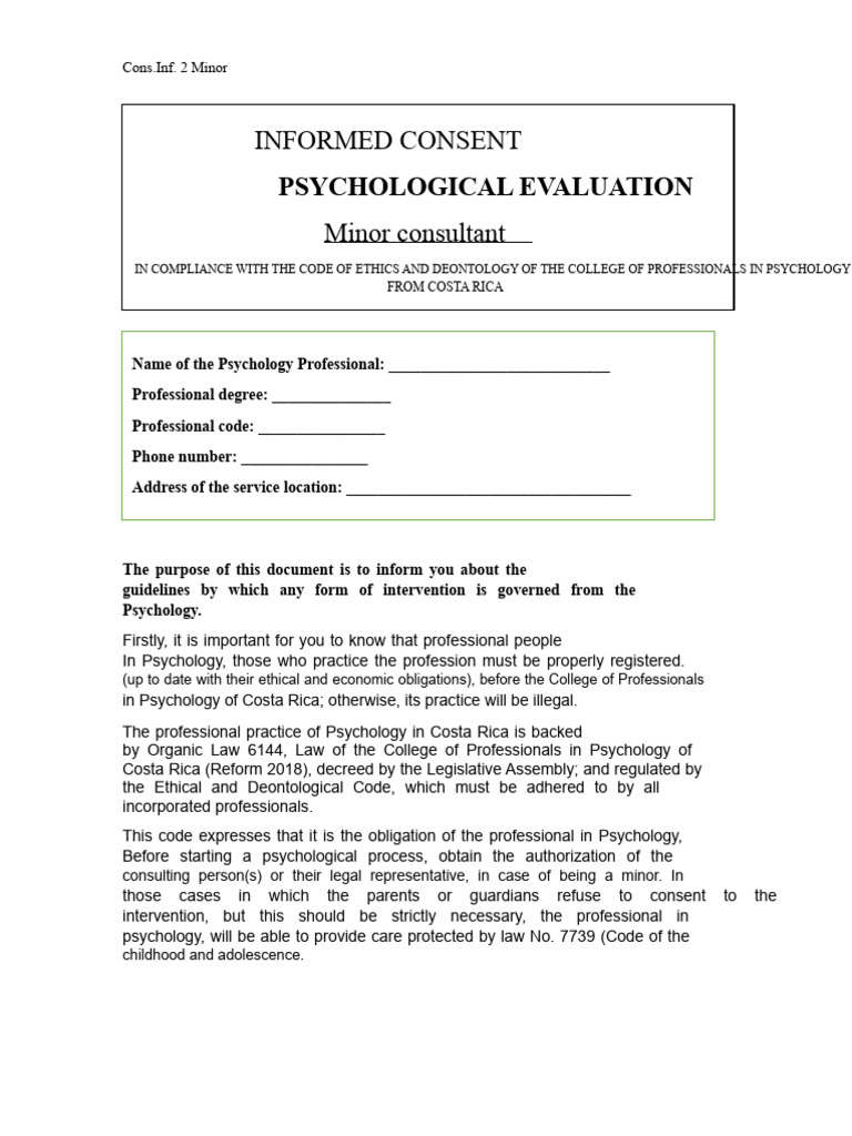 Psychological Evaluation-Minor-Informed Consent | PDF | Confidentiality | Psychology