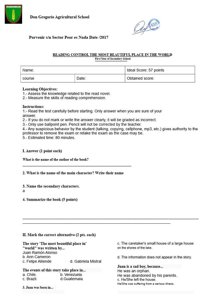 TEST The Most Beautiful Place in The World | PDF | Reading Comprehension