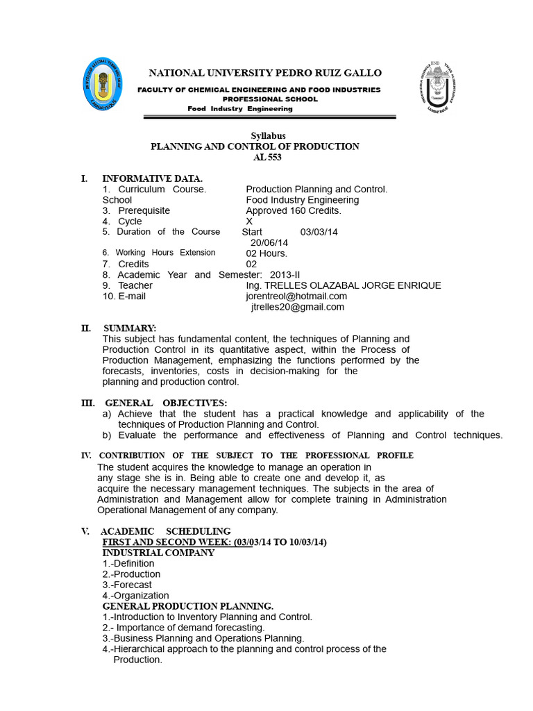 Syllabus Planning and Control of Production | PDF | Operations ...