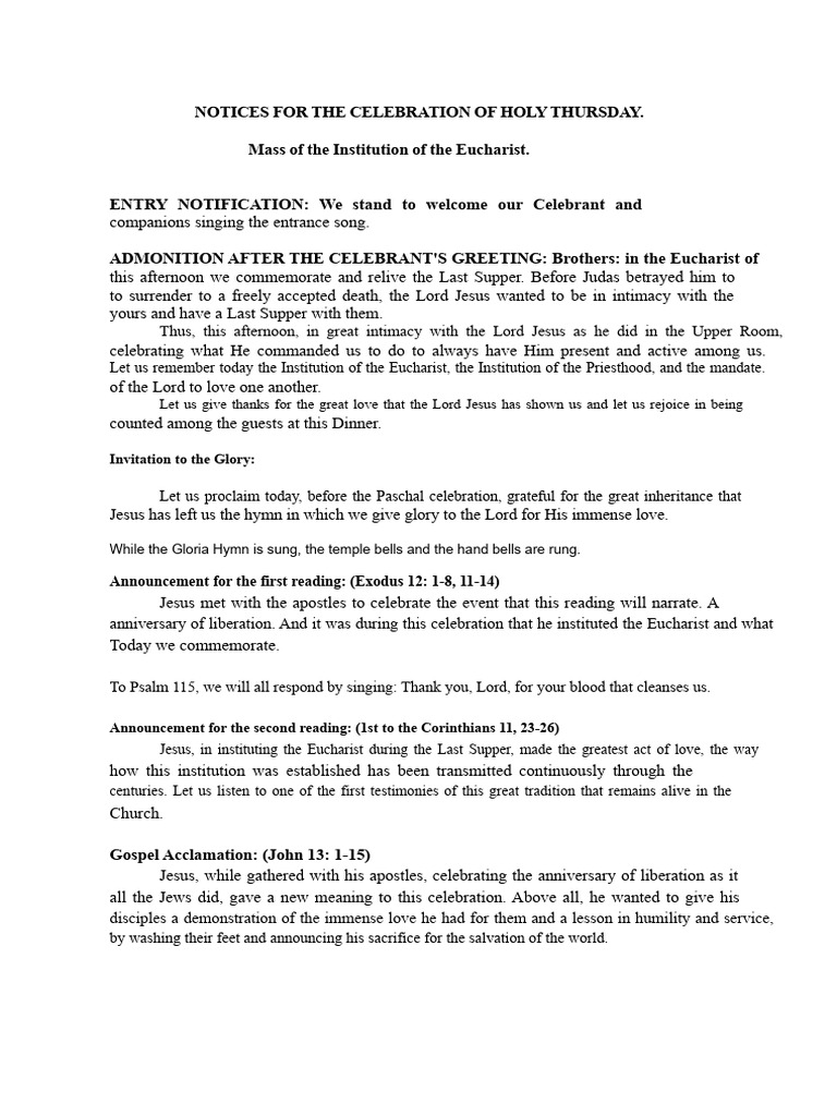 Exhortations For The Celebration of Holy Thursday | PDF | Eucharist ...