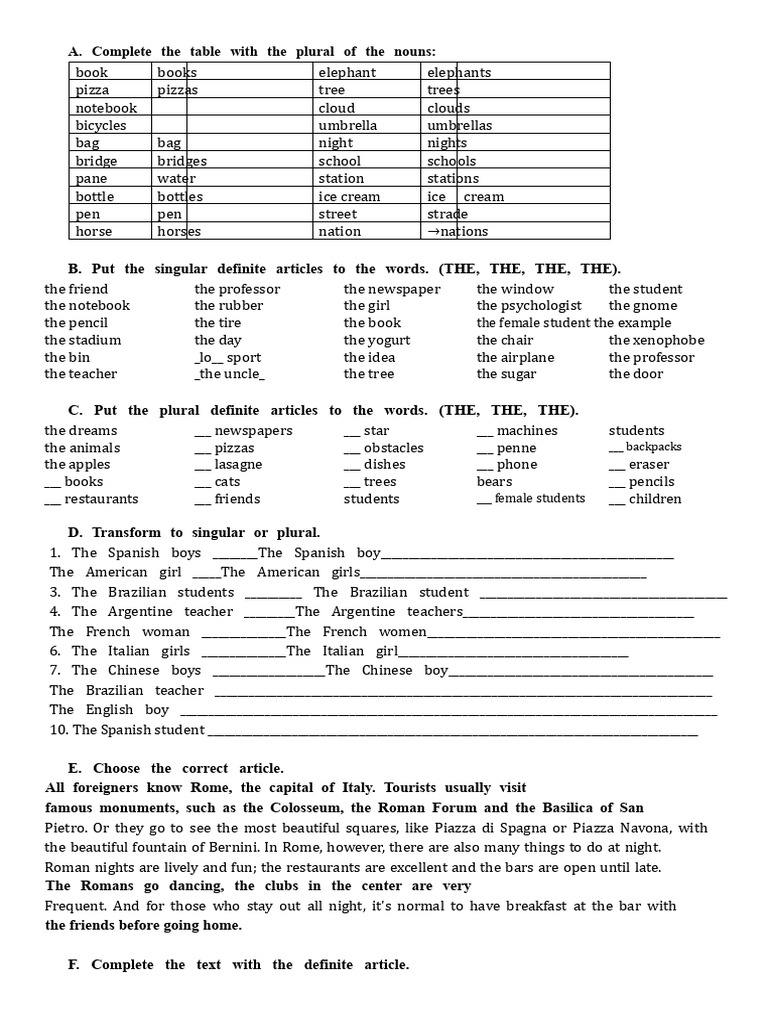 Activity 1 - ITA 1 - Singular-Plural and The Definite Articles | PDF ...