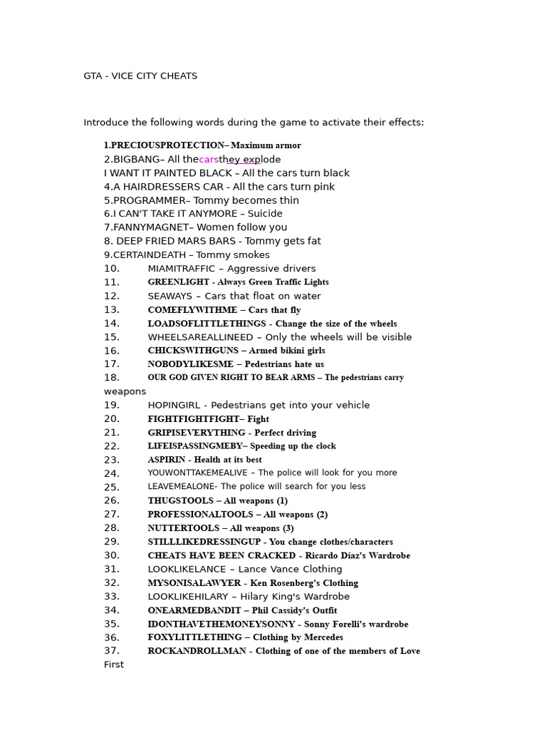 Cheat Codes for GTA: Vice City | PDF