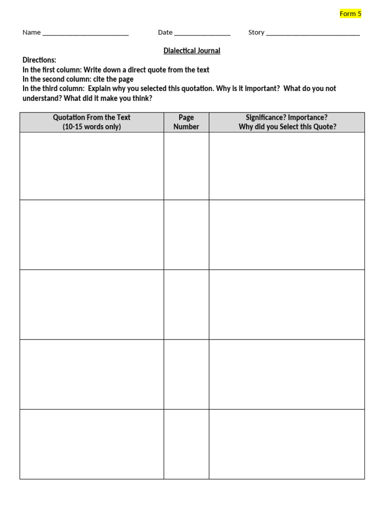 Dialectical Journal Template Guide | PDF