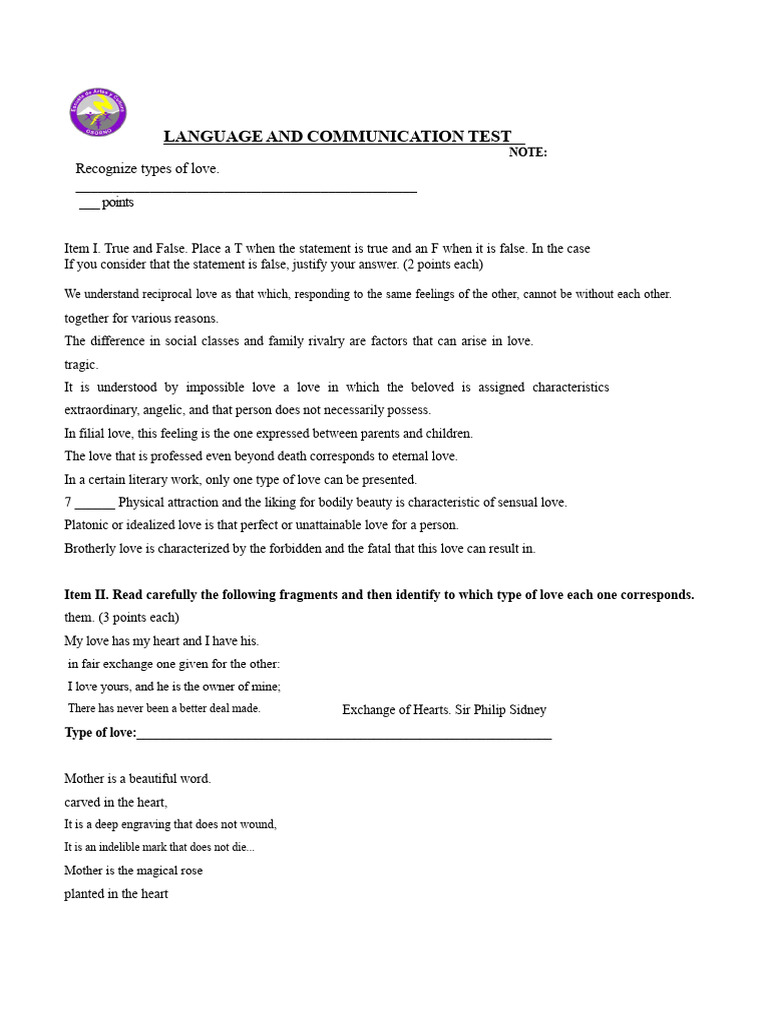 Types of Love: Language & Communication Test | PDF | Love