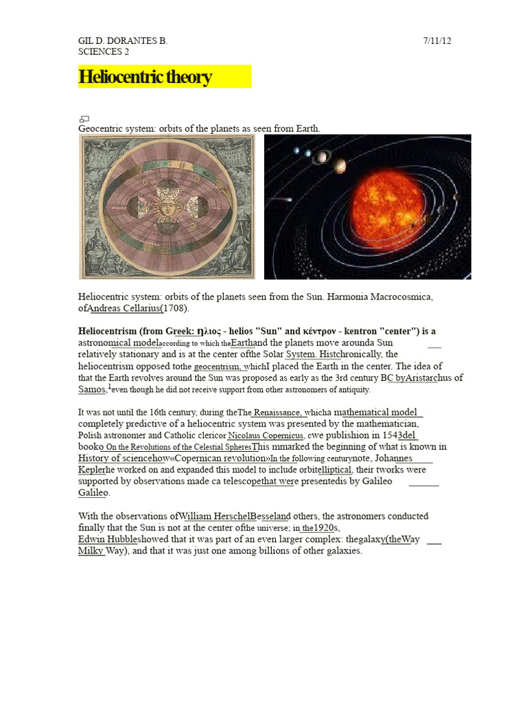 Heliocentric and Geocentric Theory | PDF | Heliocentrism | Outer Space