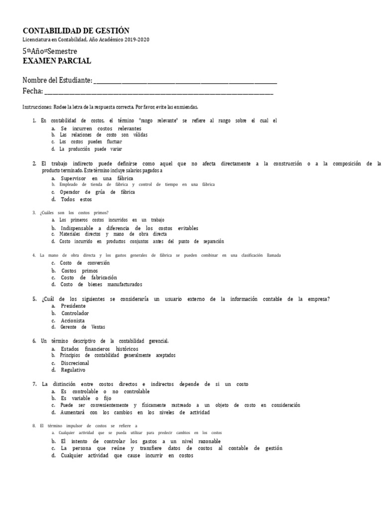 Examen Parcial de Contabilidad de Gestión | PDF | Contabilidad ...