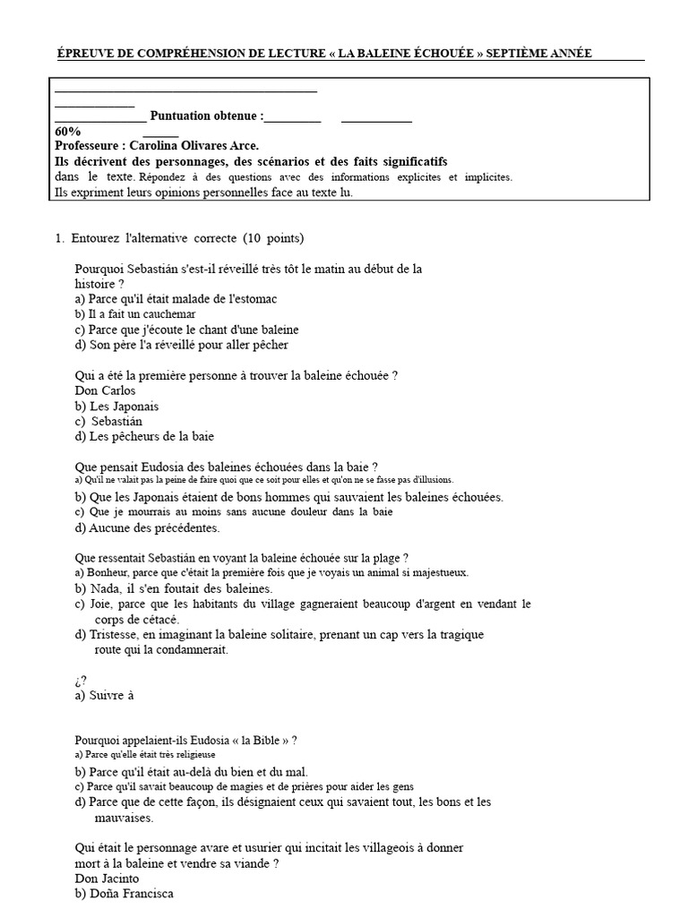 Compréhension de "La Baleine Échouée" | PDF