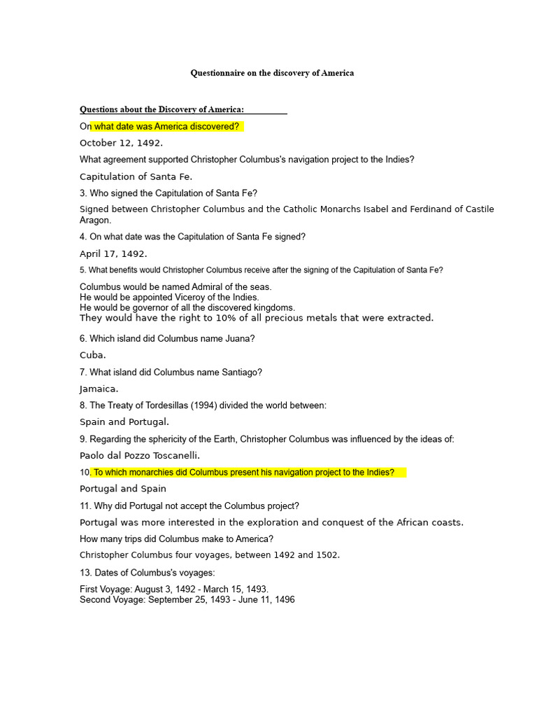 Evaluation Questionnaire and Quiz | PDF | Voyages Of Christopher ...