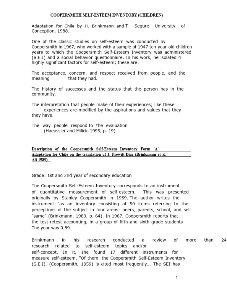 Coopersmith Self-Esteem Inventory For Children 7-15 NO | PDF | Self ...