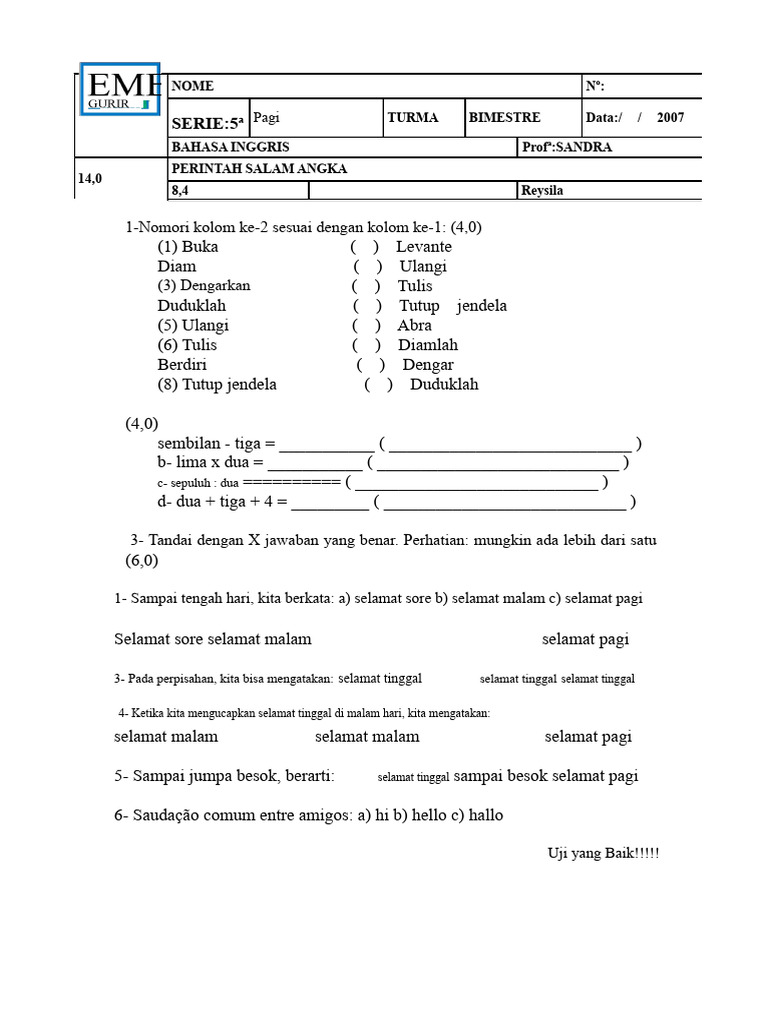 Ujian Bahasa Inggris Kelas 5 1ºB | PDF
