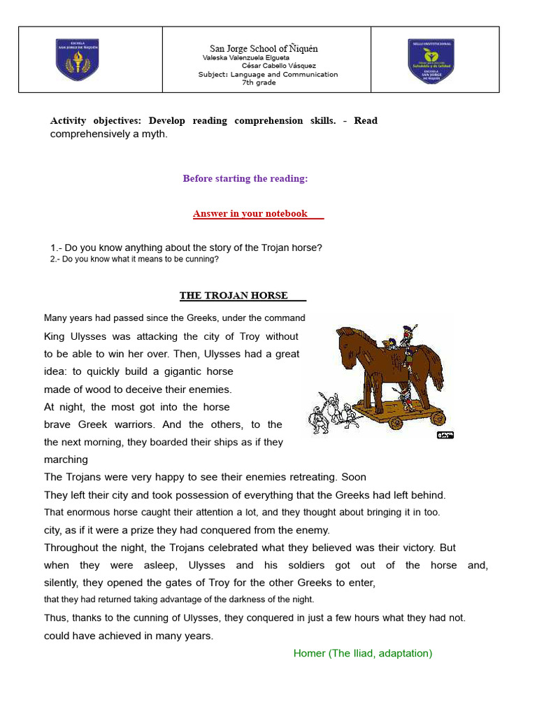 Trojan Horse Myth Reading Activity | PDF | Odysseus | Troy