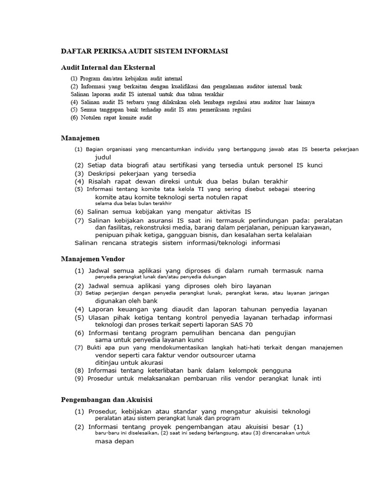 Daftar Periksa Audit Sistem Informasi | PDF