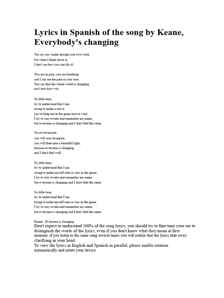 Keane Song Lyrics in Spanish | PDF