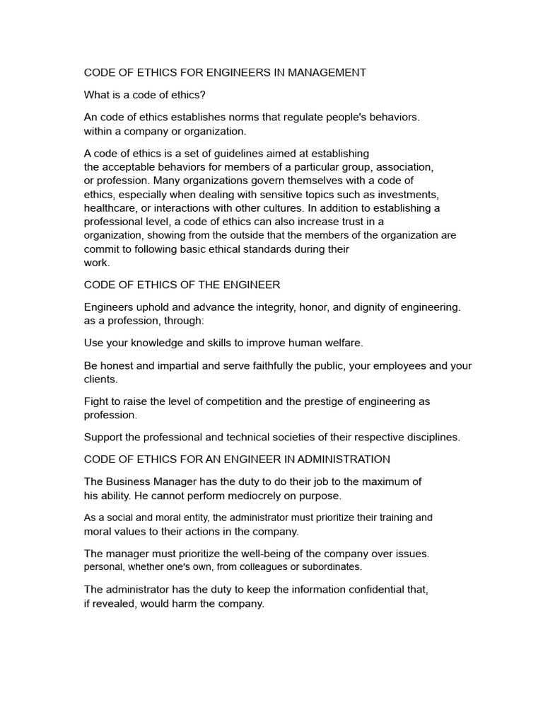 Code of Ethics For The Engineer in Administration | PDF | Profession ...