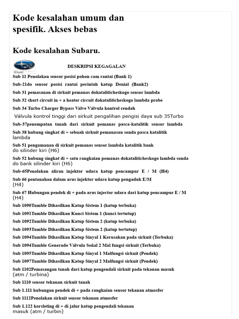 DTC - Kode Kerusakan Subaru | PDF