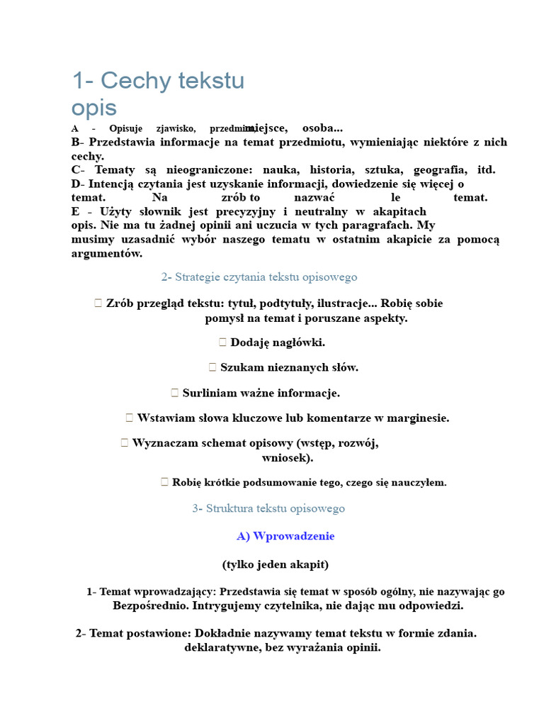 1-Cechy Tekstu Opis: 2 - Strategie Czytania Tekstu Opisowego | PDF