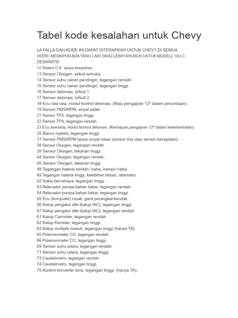 Tabel Kode Kesalahan Untuk Chevy | PDF