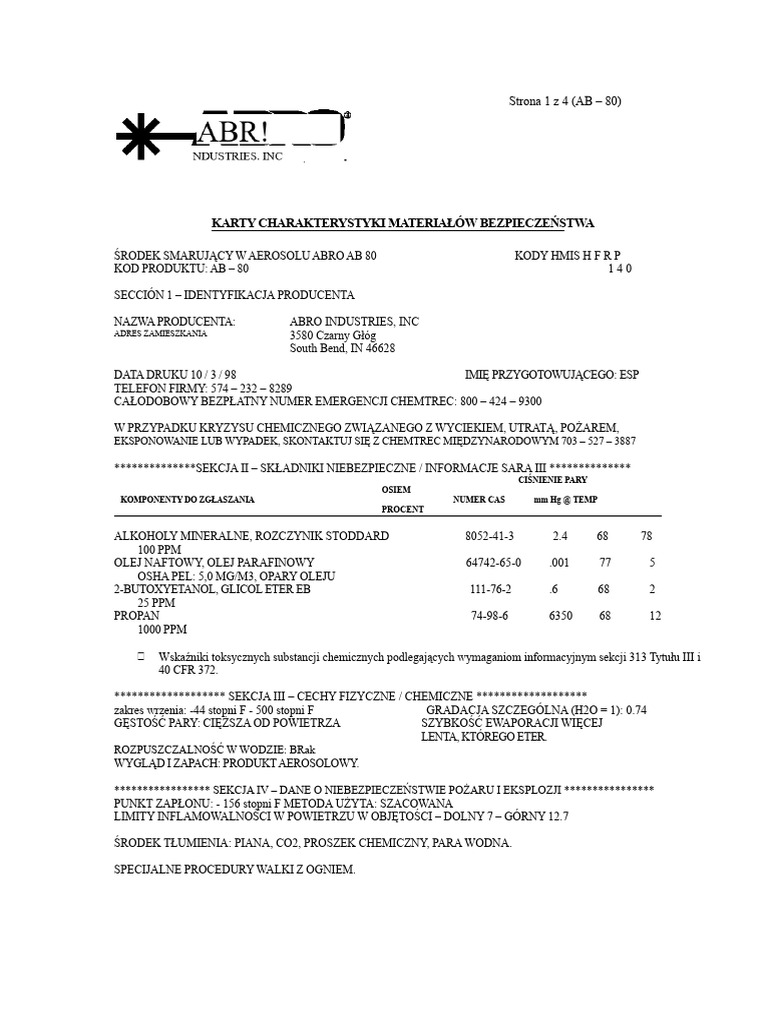 Msds Smar W Aerozolu Abro Ab 80 | PDF