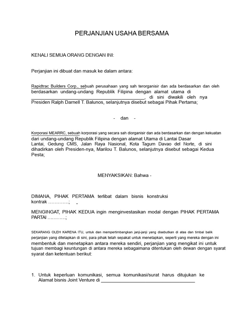 Template Untuk Perjanjian Usaha Patungan | PDF