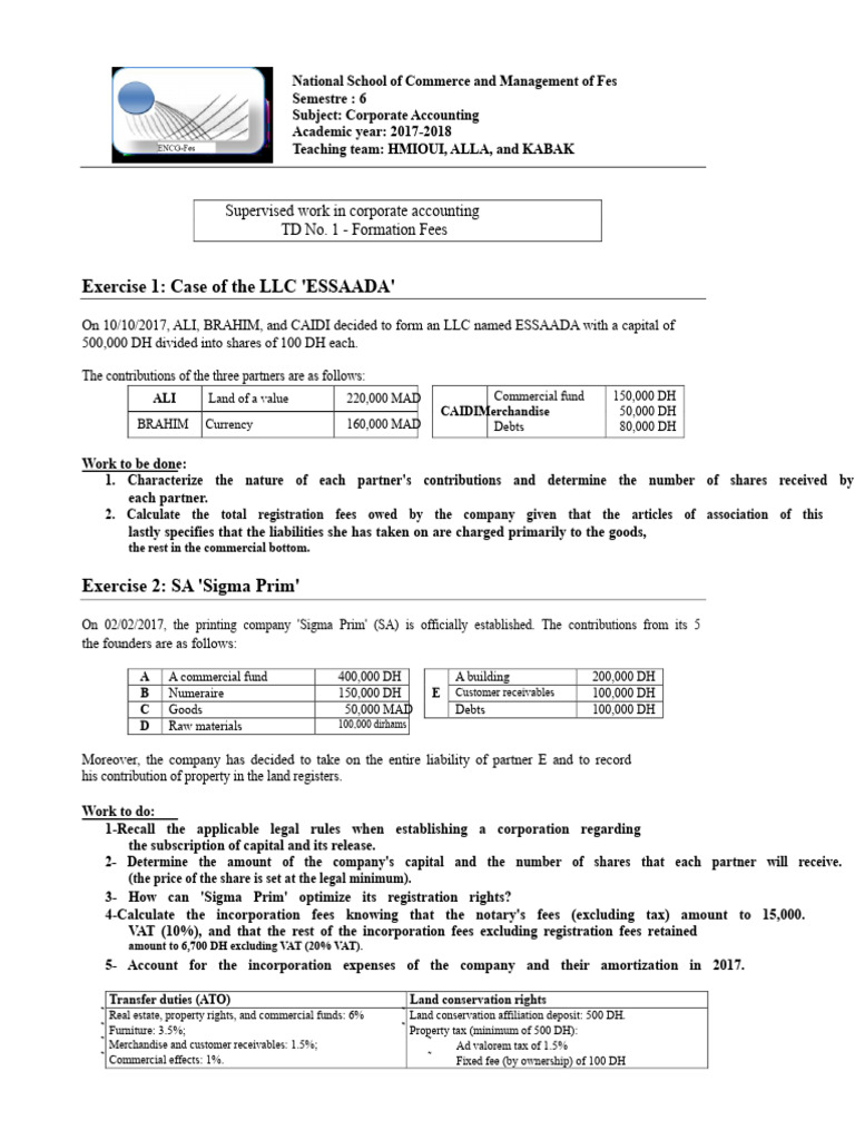 ENCG-S6 TD1 Incorporation Costs Corrected | PDF | Taxes | Value Added Tax