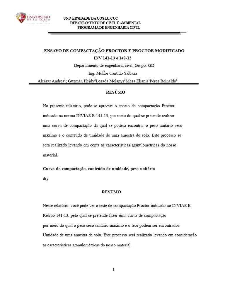Ensaio de Laboratório No 1. (Proctor) PDF | PDF | Umidade | Solo