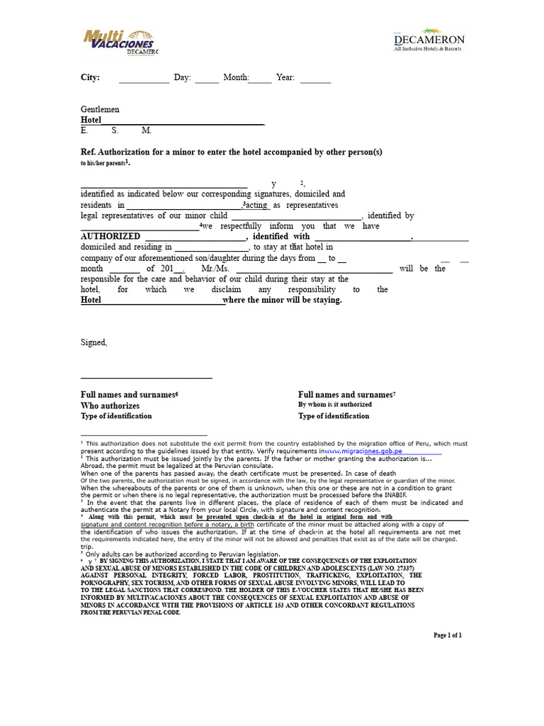 Authorization Letter From Parents - Peru | PDF | Sexual Slavery | Minor ...