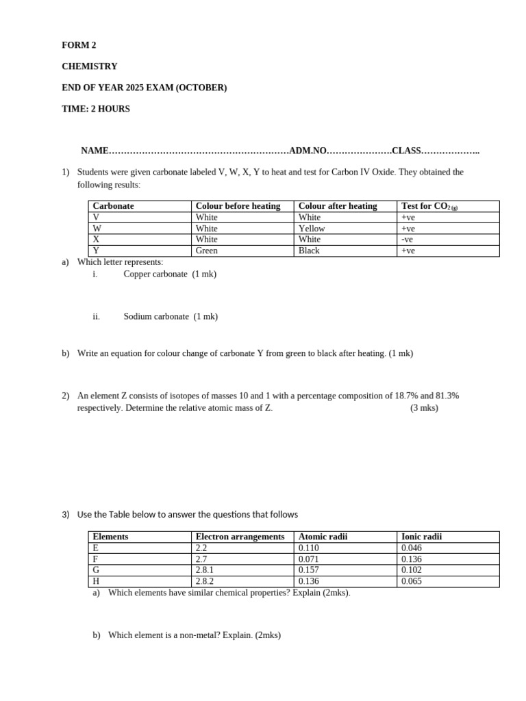2025 Chemistry End-of-Year Exam Guide | PDF | Chemical Elements | Magnesium
