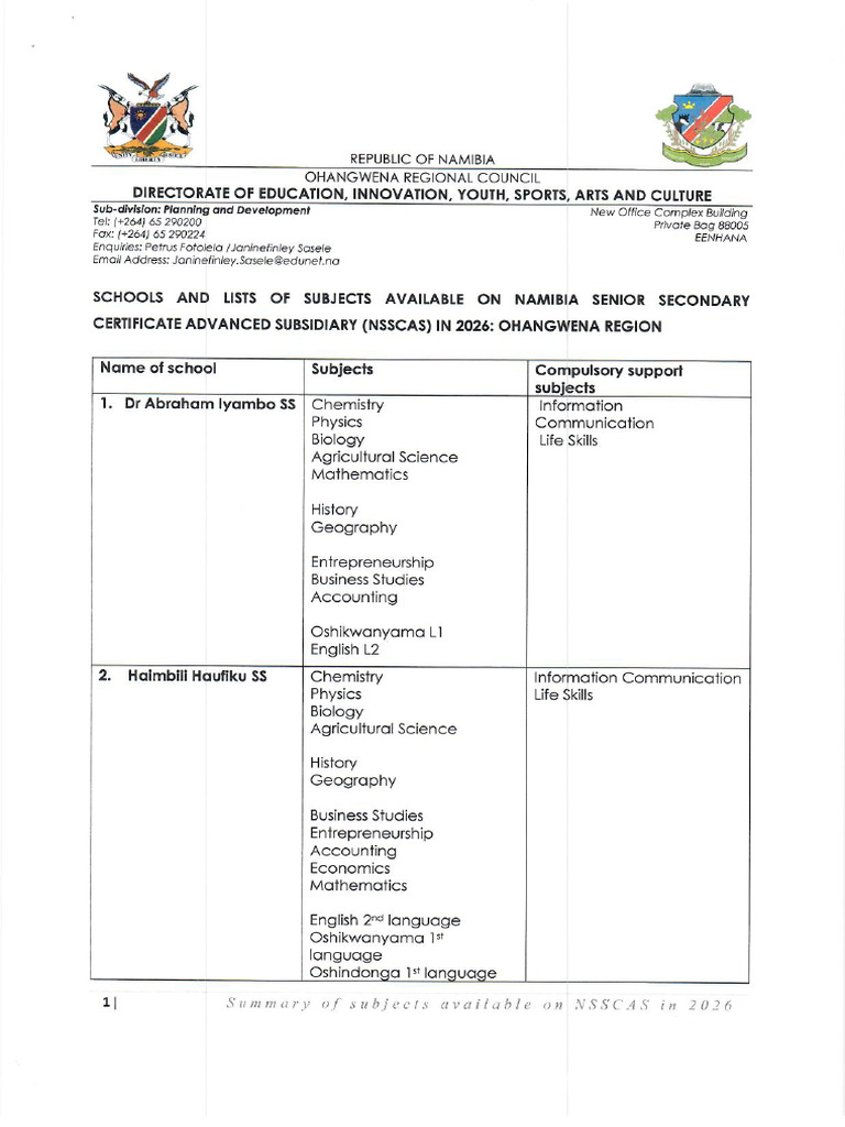 Schools and List of Subjects Available On Nsscas in Ohangwena Region ...