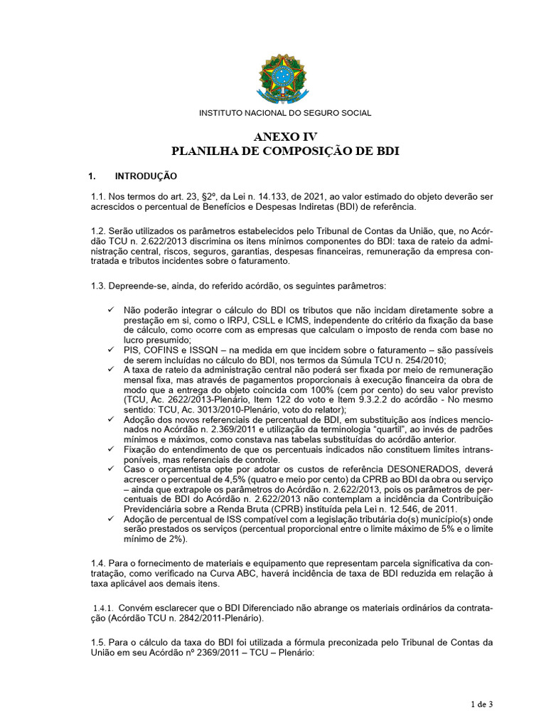 Composição do BDI Diferenciado TCU | PDF | Finanças Governamentais ...