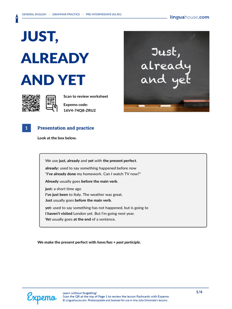 Present Perfect: Just, Already, Yet Guide | PDF