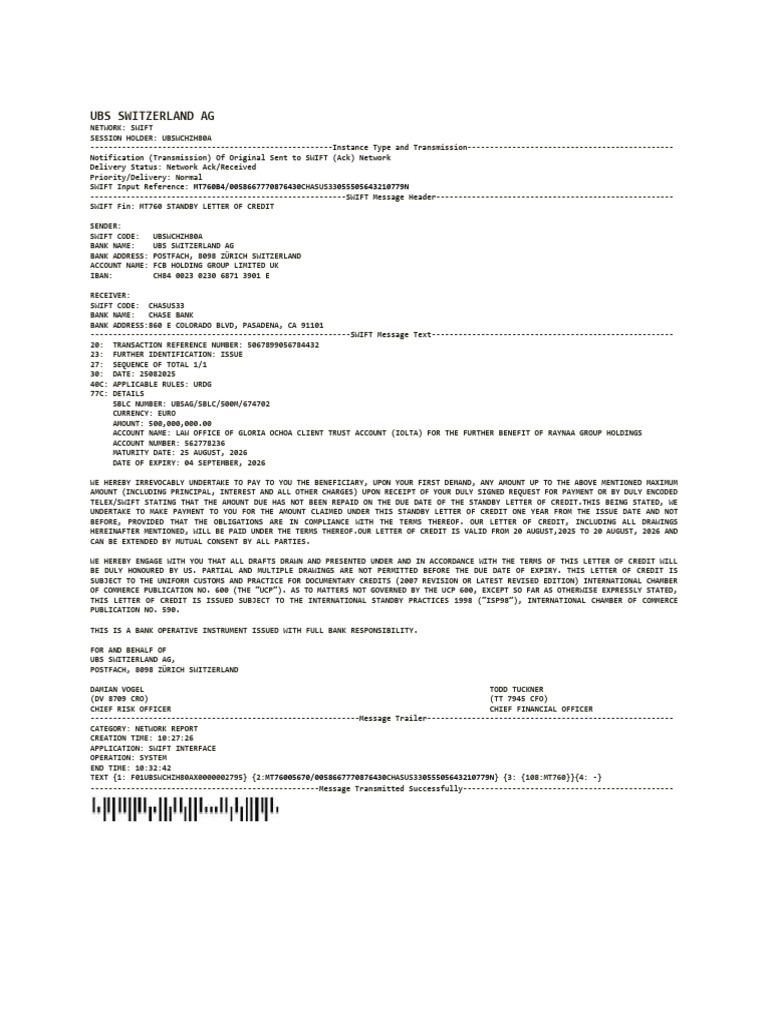 UBS SWIFT MT760 Standby Letter of Credit | PDF | Letter Of Credit | Banking
