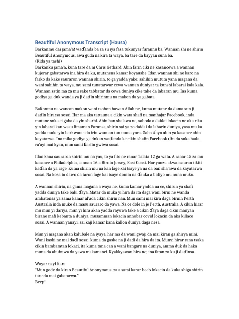 Beautiful Anonymous Transcript Hausa Updated | PDF